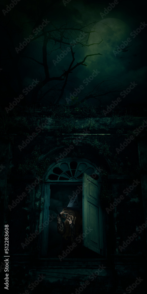 Scary halloween witch standing in ancient castle window over full moon ...