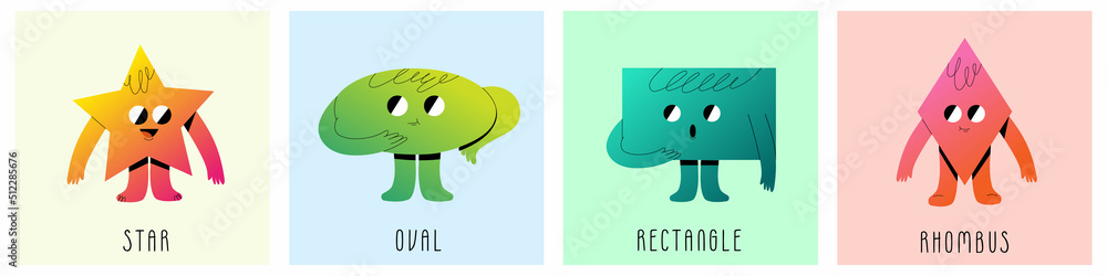 Set of various basic geometric shapes with cute smiling face. Funny ...