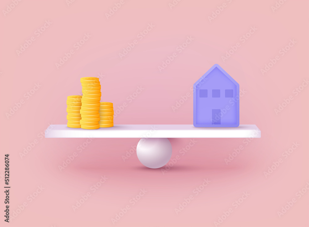 Financial home loan management concept. Coin compare house on weighing ...