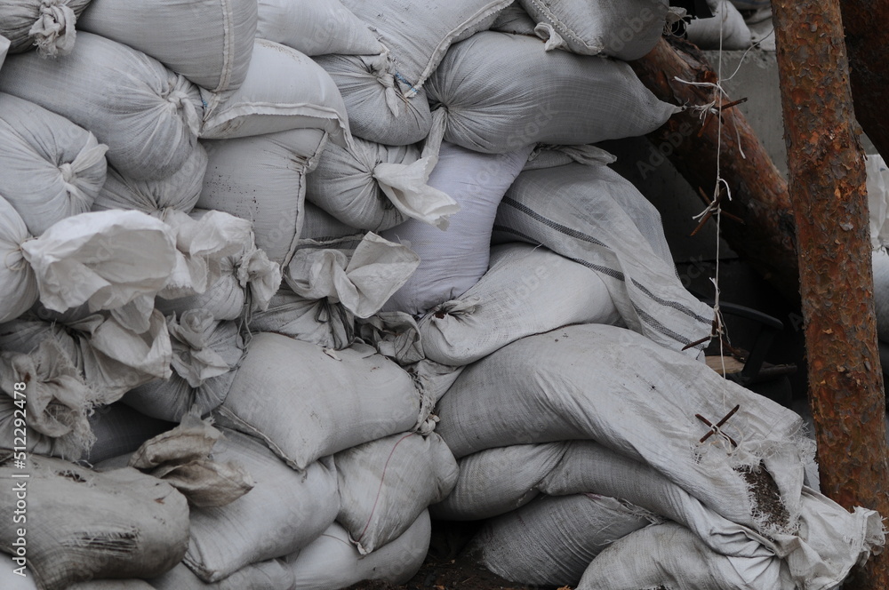 defensive structure from the invasion of sandbags Stock Photo | Adobe Stock
