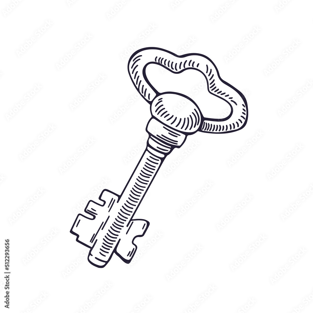 Vintage drawing of old ancient door key. Outlined black and white ...