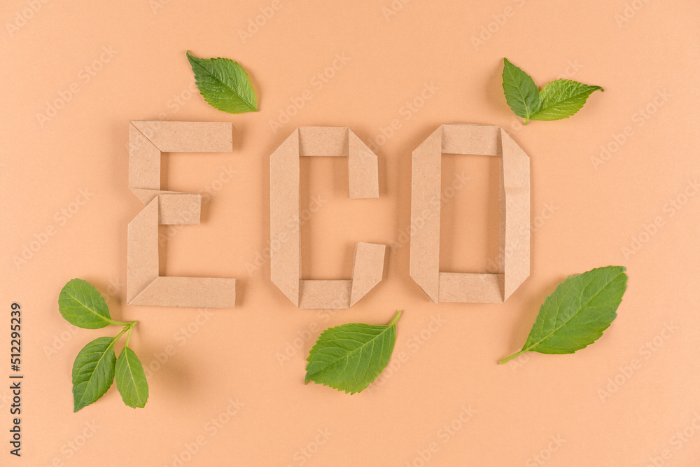 Text ECO made with kraft paper origami letters with green leaves around ...