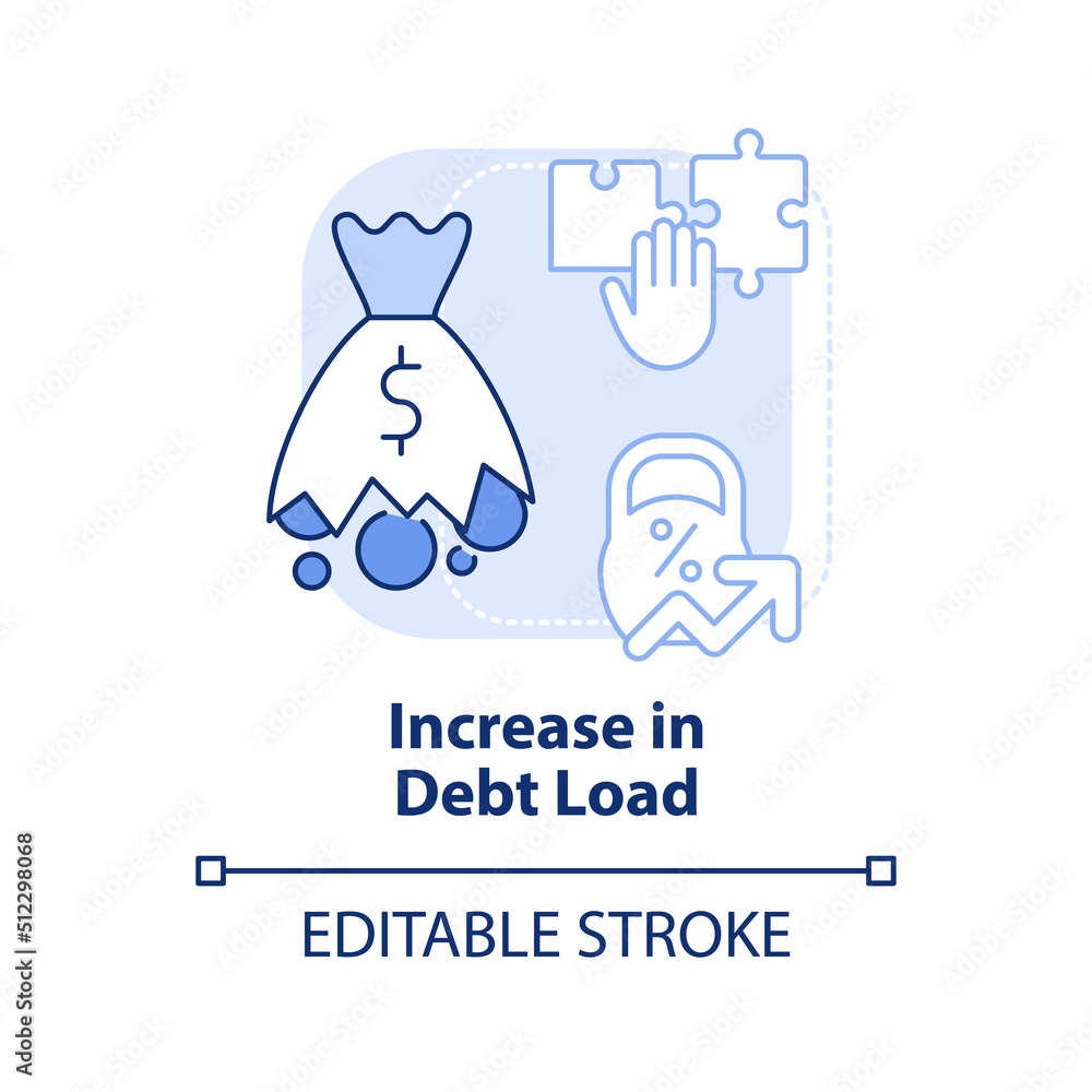 Increase in debt load light blue concept icon. Disadvantage of business consolidation abstract ...