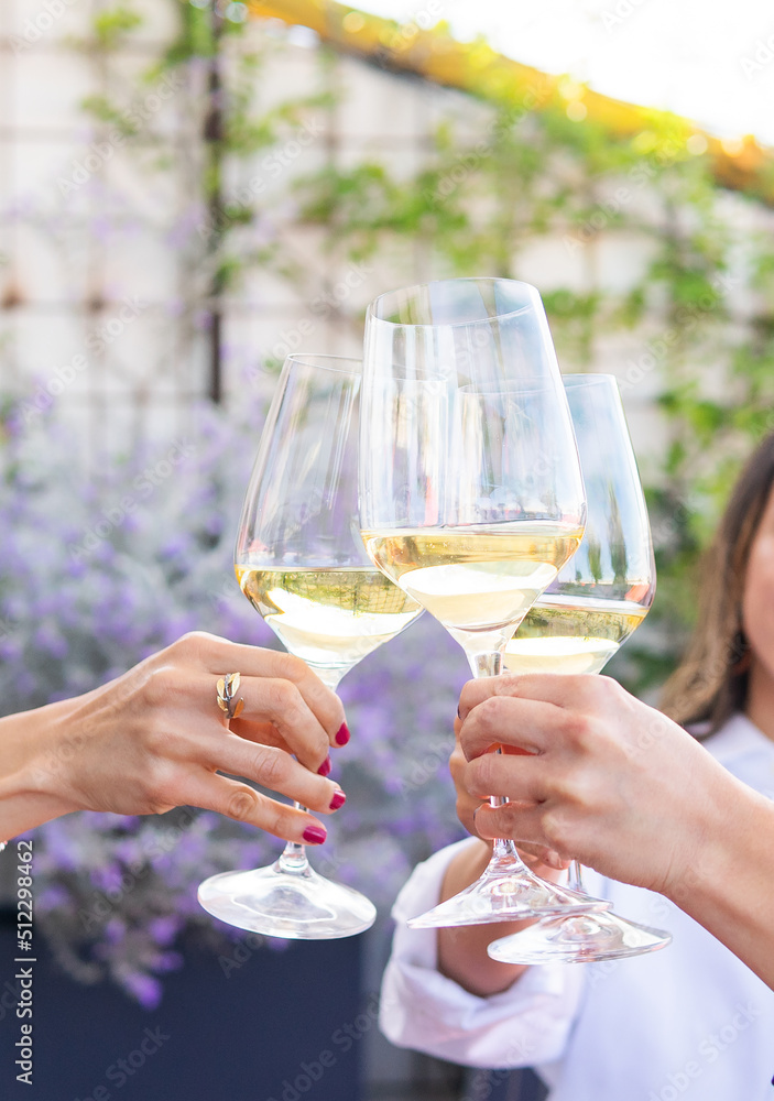 Anonymous elegant women proposing toast on restaurant terrace Stock ...