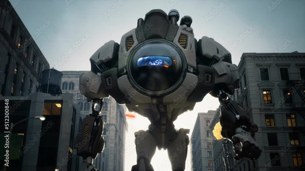 A paramilitary technological robot walks through the streets of a ...