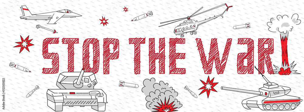 Panoramic with stop war motto. Outline icons of weapon, graphic of bomb ...