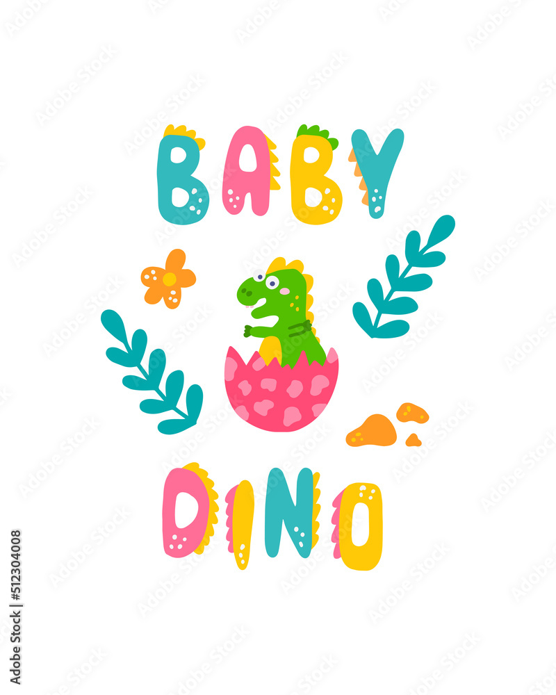 Cute dinosaur baby print. Little dino in flat hand drawn style with ...
