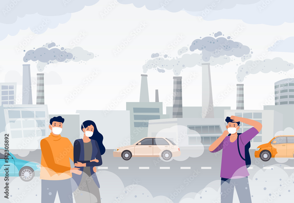 People wearing air pollution masks, smog and mist Stock Vector | Adobe ...
