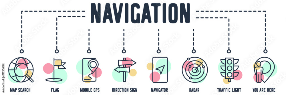 Navigation banner web icon. map search, flag, mobile gps, direction ...