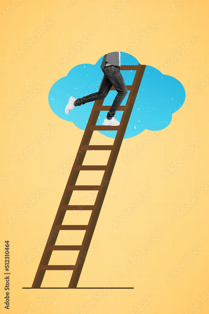 Vertical collage picture of guy climbing ladder blue drawing sky cloud ...
