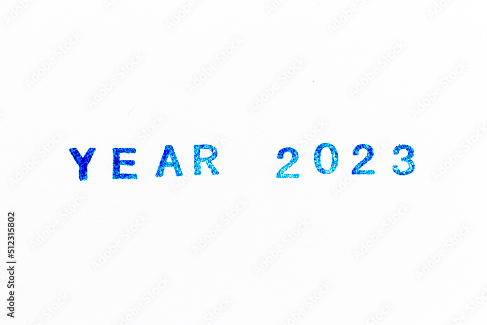 Blue color ink of rubber stamp in word year 2023 on white paper ...