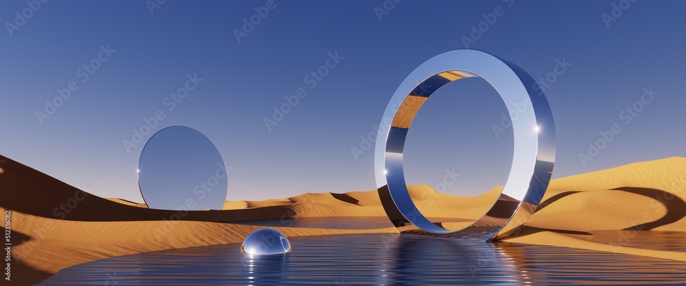 3d render, abstract fantastic panoramic background with round mirror ...