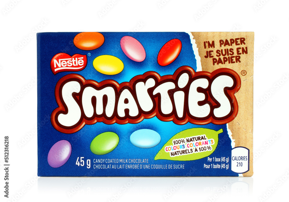 Nestle Smarties multi-colored chocolate candies package, on white ...