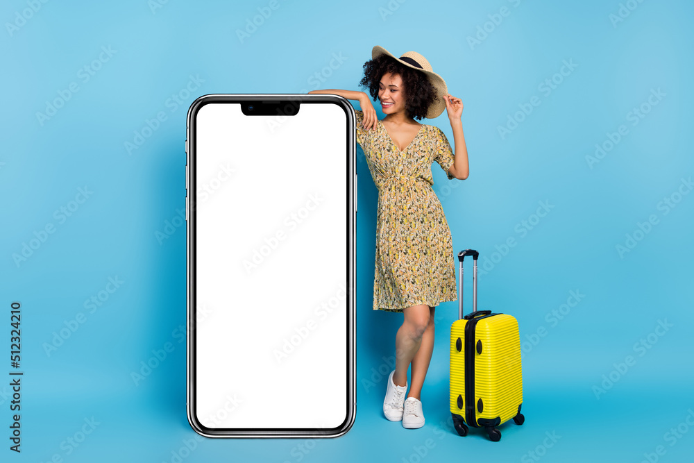 Full body portrait of attractive cheerful person look empty space blank ...