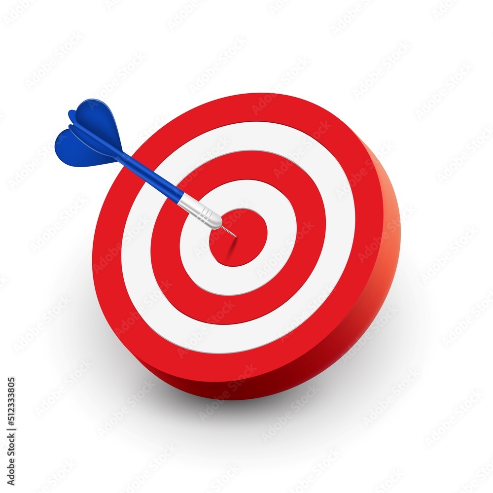 Dart hitting the target isolated on white background. 3D realistic ...