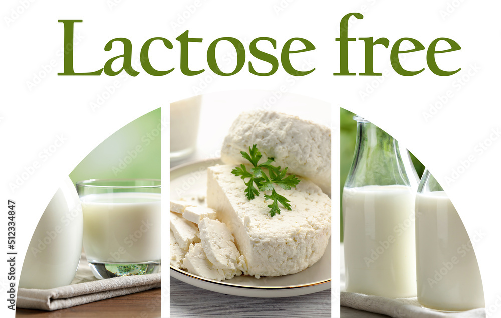 Collage with photos of lactose free dairy products on white background ...