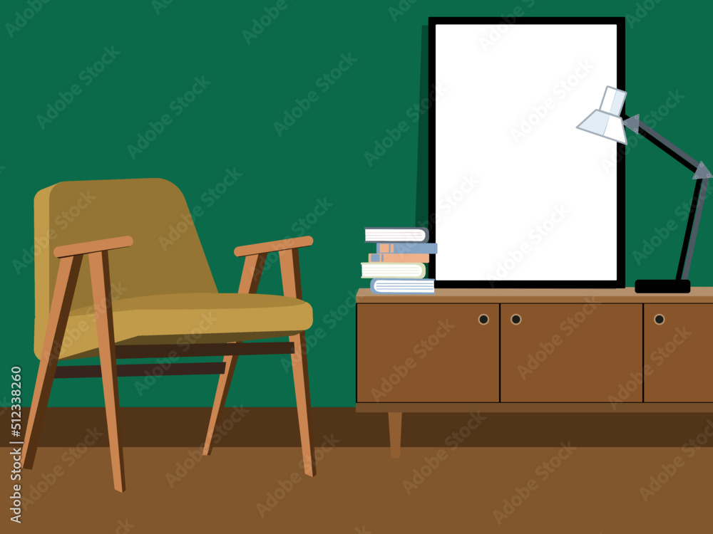 interior design of green reading room with armchair, cabinet furniture ...