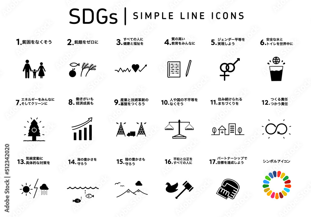 SDGs 17の目標シンプルラインアイコンセット SDGs 17 goals simple line icon set Stock ...