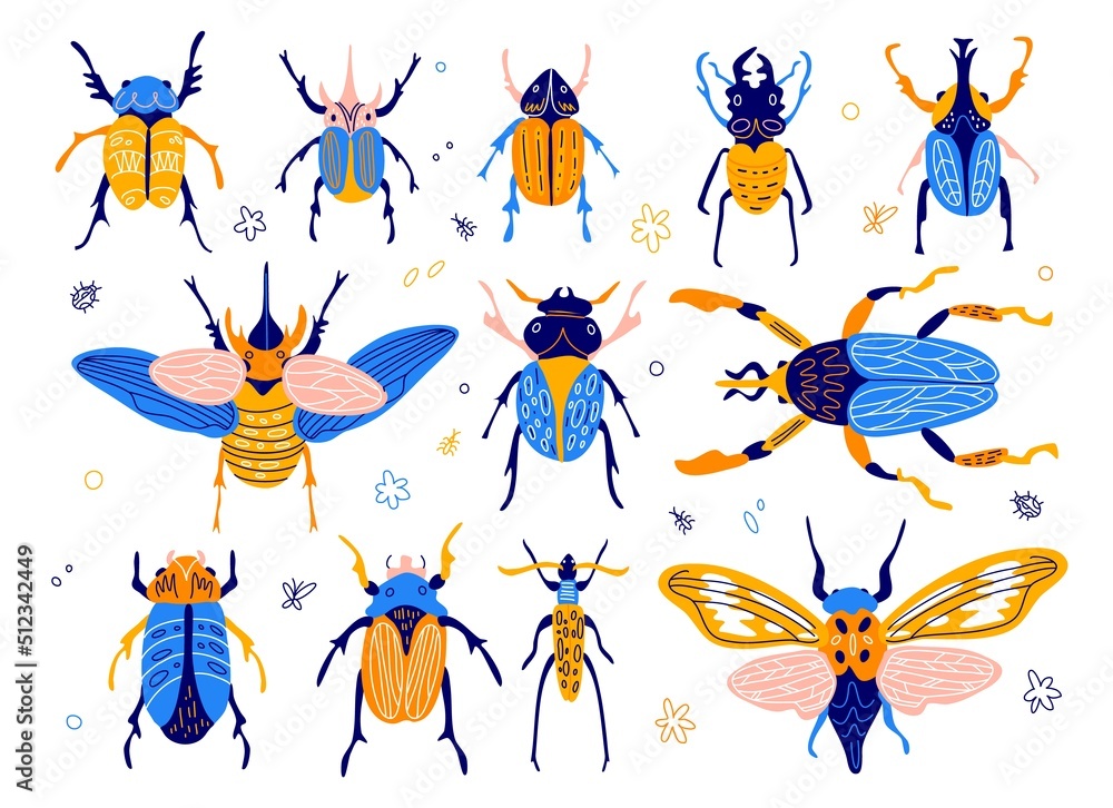 Trendy insects. Funny colorful bugs, abstract geometry patterns bright ...