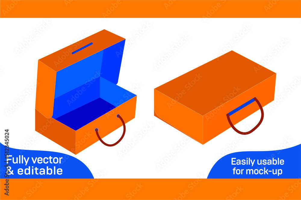 Shoebox with handle die cut template and 3d box design Stock Vector ...