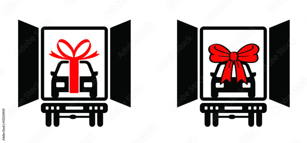 Cartoon new car in a truck icon or pictogram. Concept buying or renting ...