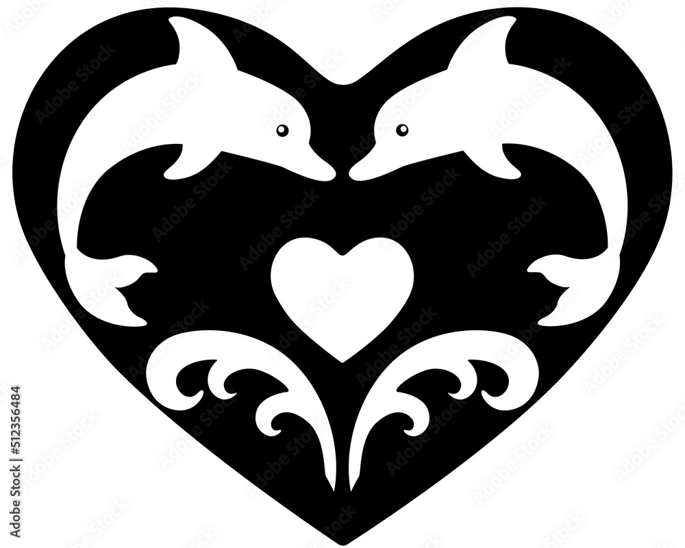 Dolphins and sea waves in heart shape - vector silhouette drawing for ...