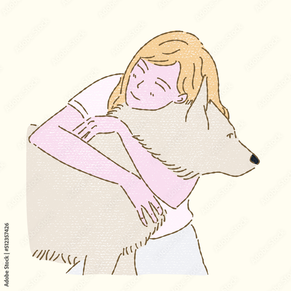 Girl hugging, petting, playing with dog. Best friend and family member ...