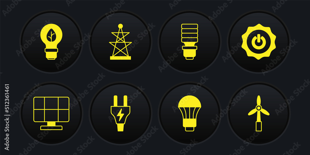 Set Solar energy panel, Power button, Electric plug, LED light bulb ...