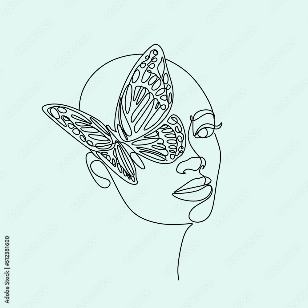 Female Head With Butterfly Line Art Hand Drawn Vector Linear