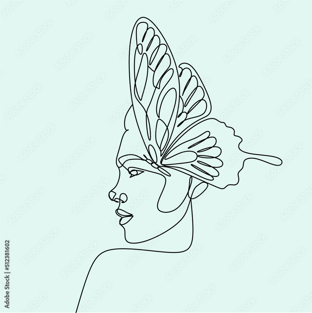 Female head with butterfly line art. Hand drawn vector linear ...