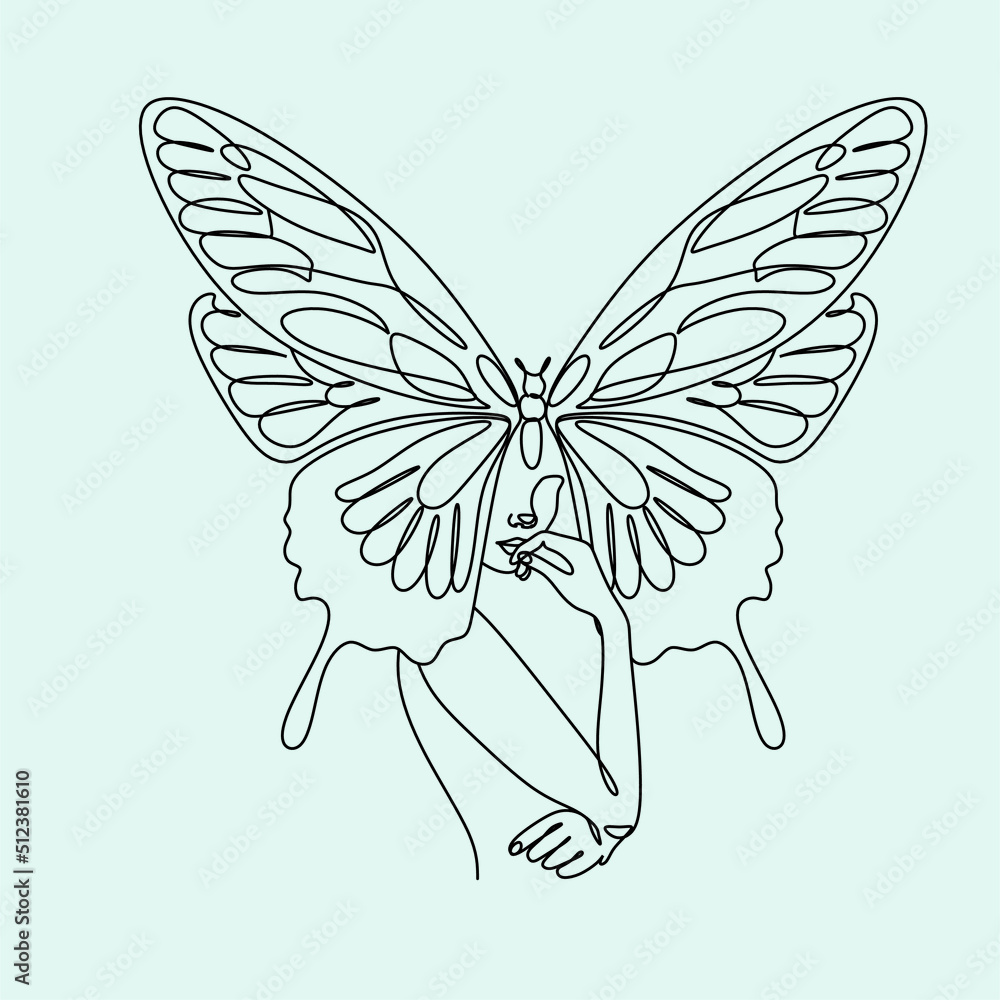 Female head with butterfly line art. Hand drawn vector linear ...