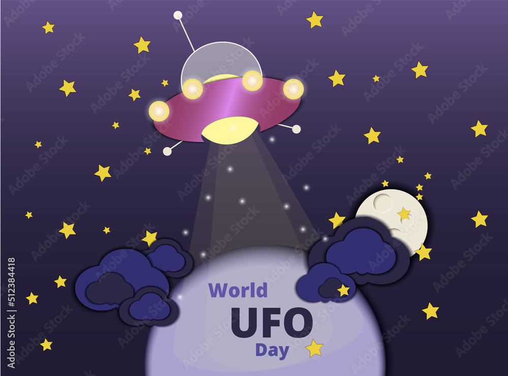 UFO. Flying saucer in space above the Earth. Night sky with moon and ...