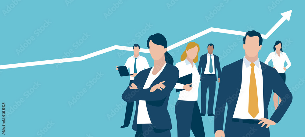 Team of six workers and rising business chart line. Together for ...