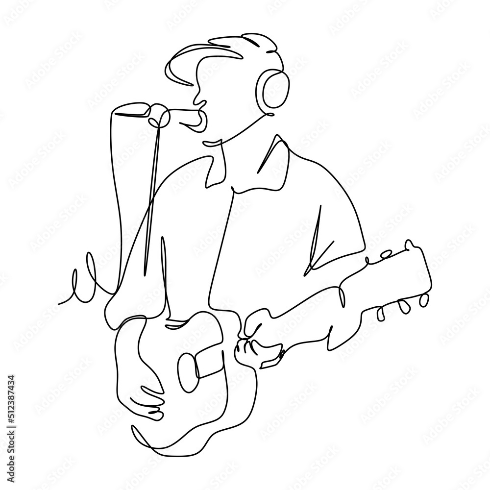 Continuous single line drawing of a male singer sing a song and play ...