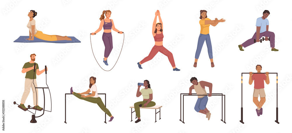 Men and women doing sports outside, isolated male and female working ...