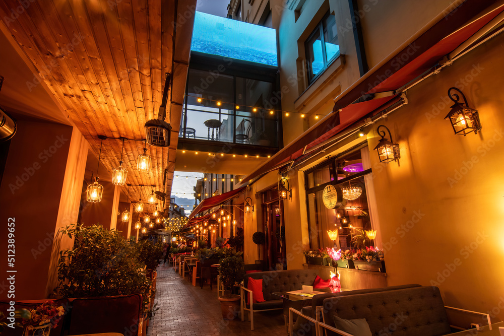 Old street cafe restaurant night in Tbilisi, Georgia, june 2022 Stock ...