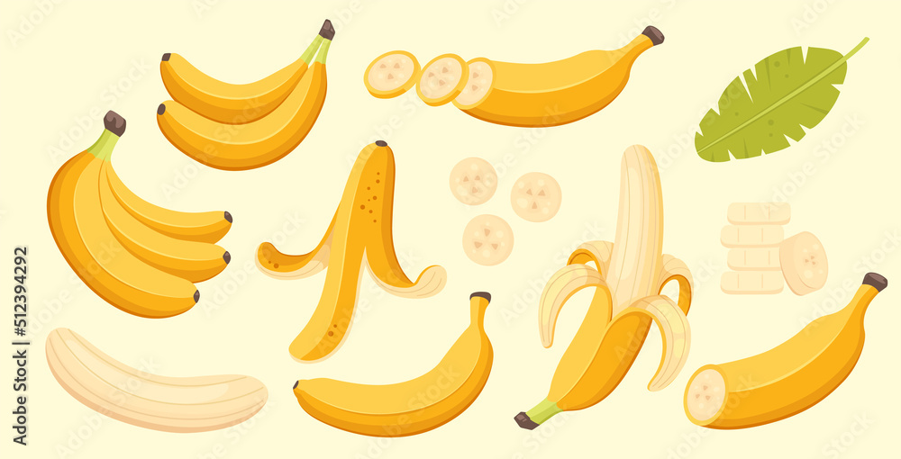 Set of cartoon illustration yellow bananas. Single, banana peel and ...
