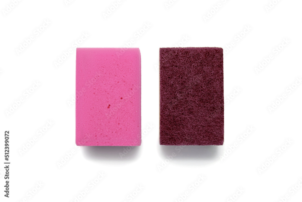 Two red kitchen sponges with a soft and rough texture on a white ...