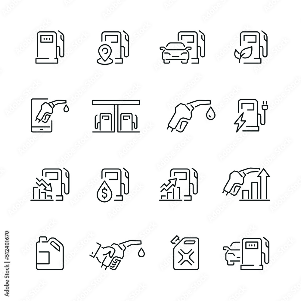 Gas station related icons: thin vector icon set, black and white kit ...