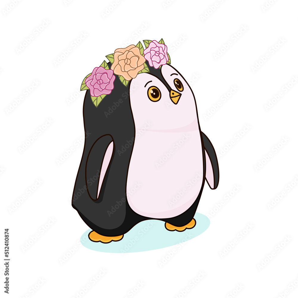 Cute little penguin with flowers looks up. Children's vector ...