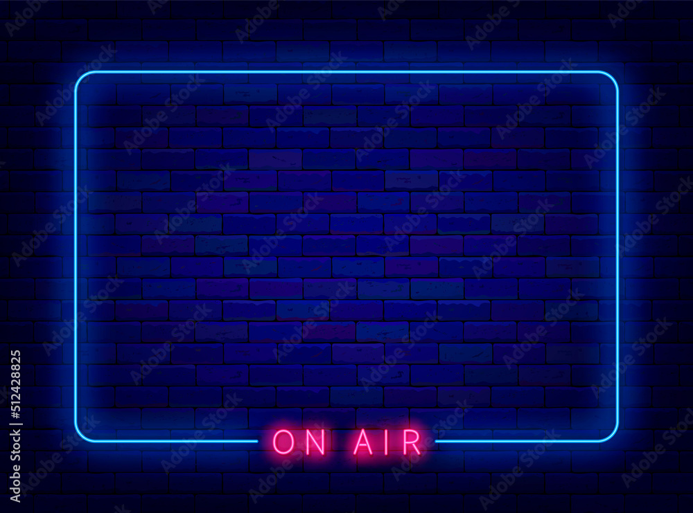 On air neon frame. Blue border on brick wall. Radio podcast. Live ...