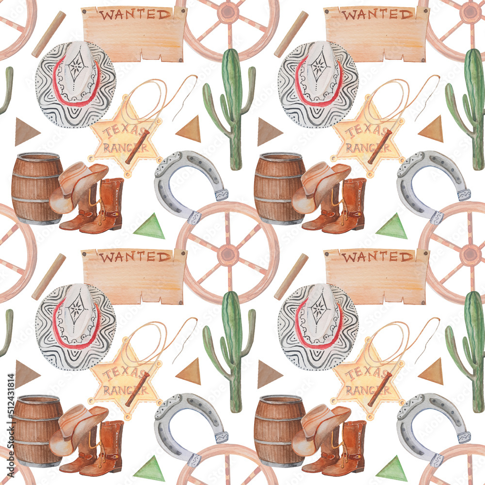 Watercolor seamless traditional western pattern. Wild West. Texas. Art ...