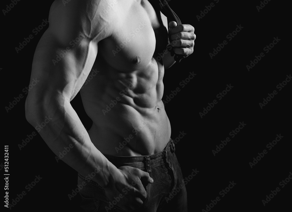 Fitness concept. Muscular and fit torso of young man having perfect abs ...