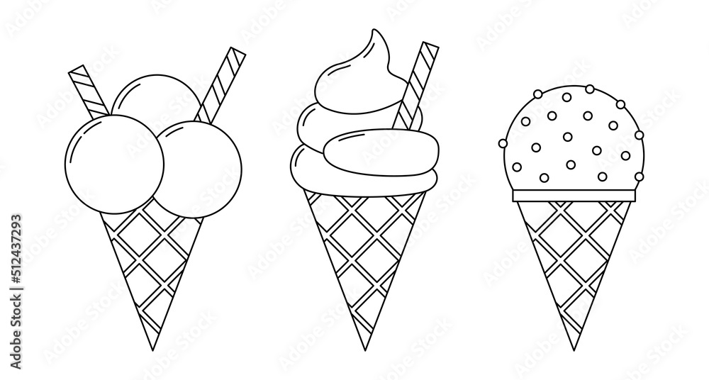Vector linear ice cream set. Coloring page with sweet cold desserts ...