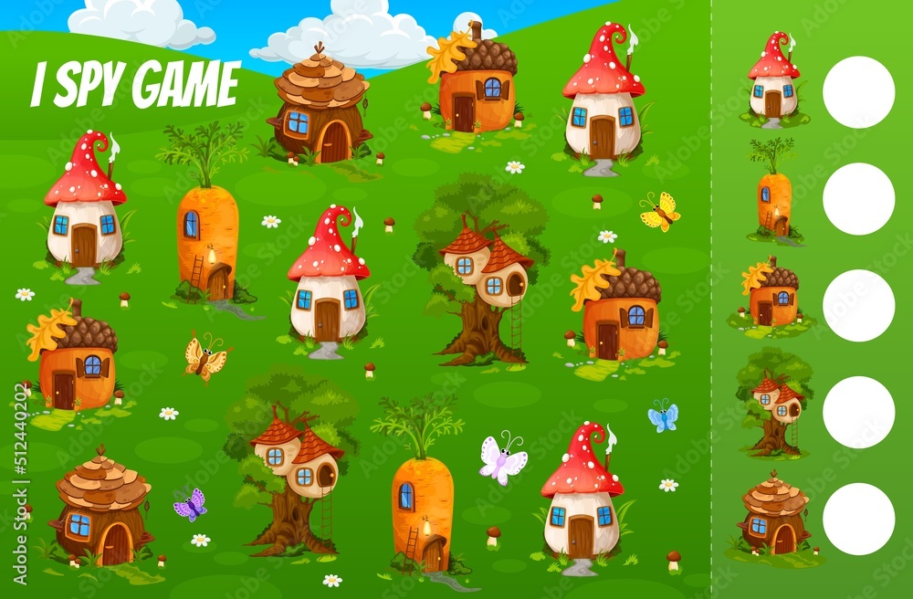 I spy game worksheet with cartoon elf village and fairy houses of ...