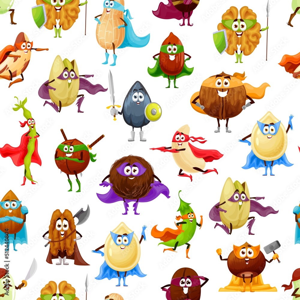 Cartoon nuts and beans superhero characters seamless pattern. Vector ...