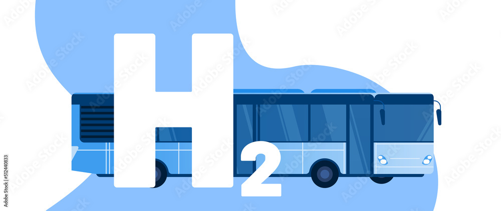 Hydrogen bus vector illustration concept. Big blue vehicle with text H2 ...
