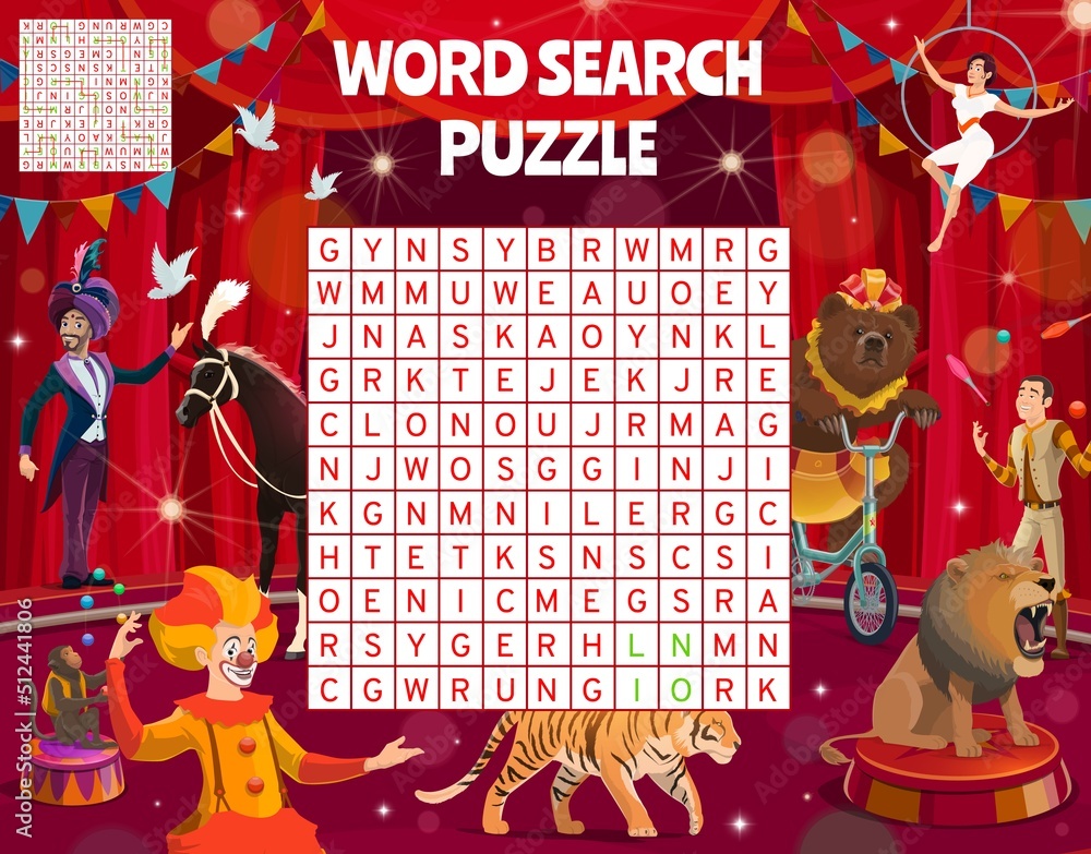 Cartoon performers and animals on shapito circus stage, vector word ...