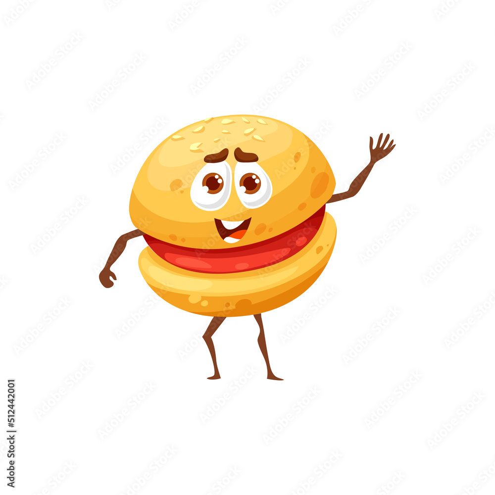 Cartoon funny burger bun character, cheeseburger fast food vector ...