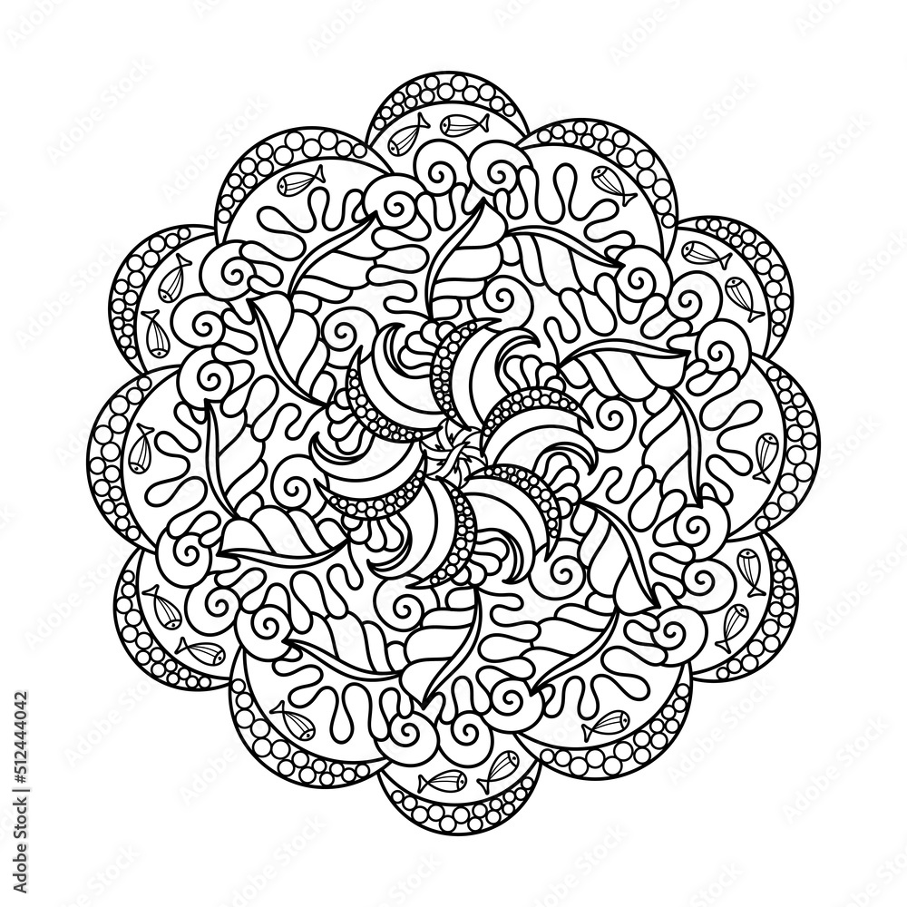 Sea Mandala with Waves, fish and seashells . Coloring page for adult ...